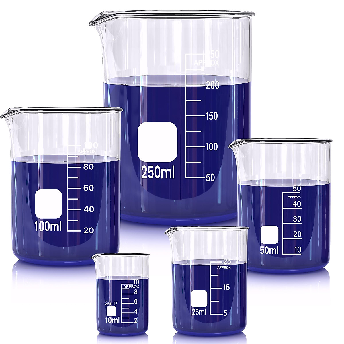Glass Beakers Set, 5 Sizes - 10ml, 25ml, 50ml, 100ml, 250ml, 3.3 Borosilicate Beaker for Laboratories, Classrooms or Home, Griffin Low Form Lab Beakers