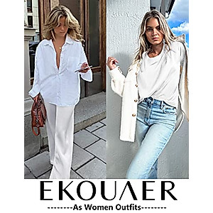 Ekouaer White Silk Pajamas Satin Pajamas Women Short Sleeve Long Pajama Pant Set Loungewear Pajama Shirt and Top Set White L