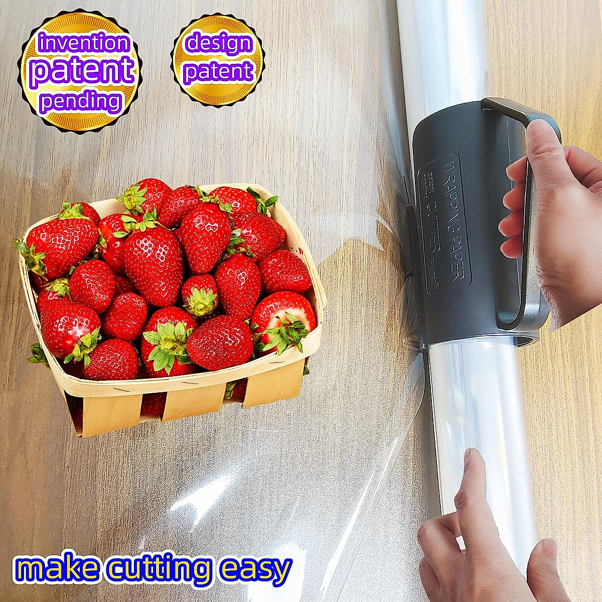 THMORT Clear Cellophane Wrap Roll with a Cutter Dispenser Set for Gift Wrap 16 Inch X 100 Feet Fruit Food Package Thick Cellophane Roll for Basket Gift Arts Craft wrapping Cellophane