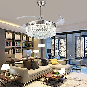Gdrasuya10 Crystal Ceiling Fan Dimmable Chandelier with Lights and Remote Modern Invisible Retractable LED Fan for Living Room Bedroom Basement Kitchen Garage Decorations -Polished Chrome 42 Inches