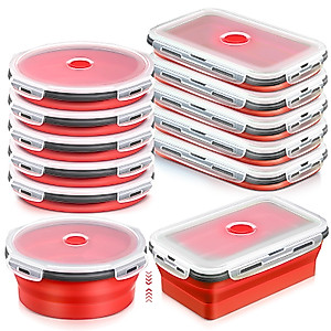 Dandat 10 Pcs 27 oz Large Silicone Collapsible Food Storage Containers with Airtight Lids Stacking Meal Lunch Containers for Kitchen, Travel, Microwave Freezer Dishwasher Safe(Grey, Red)