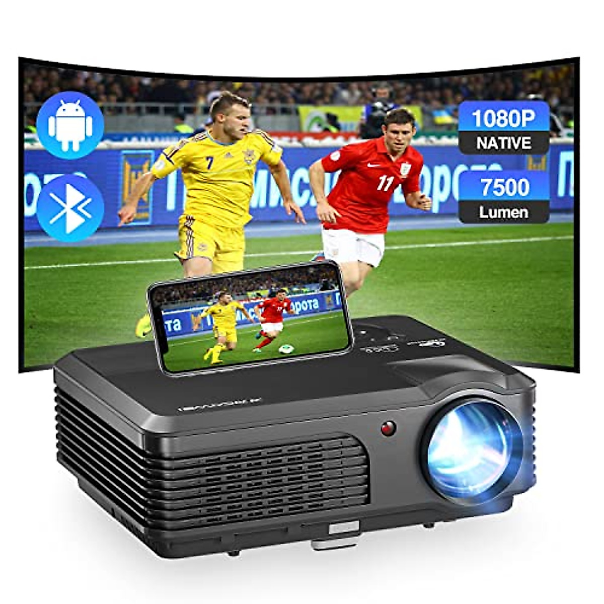 1080P Home WiFi Projector 7500Lumen, HDMI Android TV Projectors Bluetooth Wireless Smartphone Projectors for iOS Android Smart Phone/PC/Laptop/DVD/TV Stick/USB/VGA