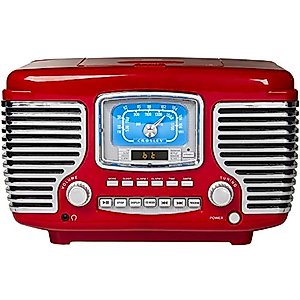 Crosley CR612B-RE Corsair Tabletop AM/FM Bluetooth Radio with CD Player and Dual Alarm Clock, Red