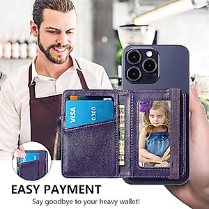 LINYUNE Phone Wallet Stick On for iPhone Cases, MAX 6 Credit Cards Holder Flip Leather Pocket for Most Smart Cell Phones (Purple)