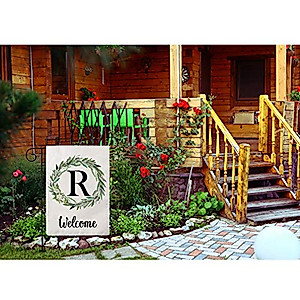 ULOVE LOVE YOURSELF Welcome Decorative Garden Flags with Letter R/Olive Wreath Double Sided House Yard Patio Outdoor Garden Flags Small Garden Flag 12.5×18 Inch