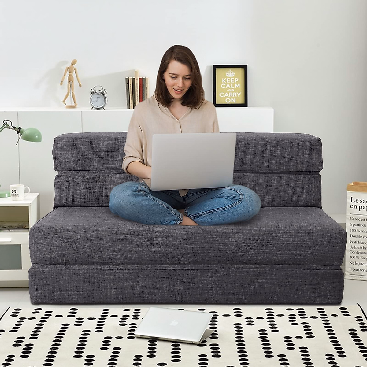 ANONER 60" Fold Sofa Bed Couch Memory Foam with 2 Pillows Futon Sleeper Chair Guest Bed and Fold Out Couch, Washable Cover Queen Size, Dark Gray