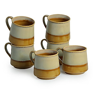 ExclusiveLane 'Silver Gold Dusk' Ceramic Tea Cups | White & Mustard Yellow, 210ml | Set of 6 | Hand-painted Tea Glasses | Coffee Mugs for Hot/Cold Beverages | Microwave Safe | Ideal Housewarming Gift