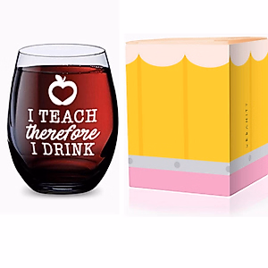 GSM Brands Stemless Wine Glass for Teachers (I Teach Therefore I Drink) Made of Unbreakable Tritan Plastic and Dishwasher Safe - 16 ounces