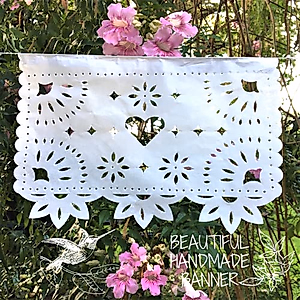 White Papel Picado Mexican Paper -5Pack- Medium Mexican White Banners -60 Panels Wedding Bridal Decorations Garland Flags 16 Feet Long Each Strip -Handmade by Mexican Artisans