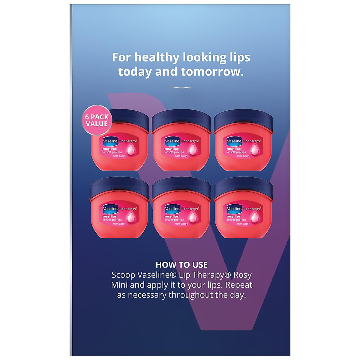 Vaseline Lip Therapy Rosy Lips Mini, Pure Petroleum Jelly, Advanced Moisture, Light Rose Fragrance, Sheer Pink Tint on Lips, Mini Vaseline Petroleum Jelly, Soft Vaseline Lips (Pack of 6-0.25 Oz Ea)