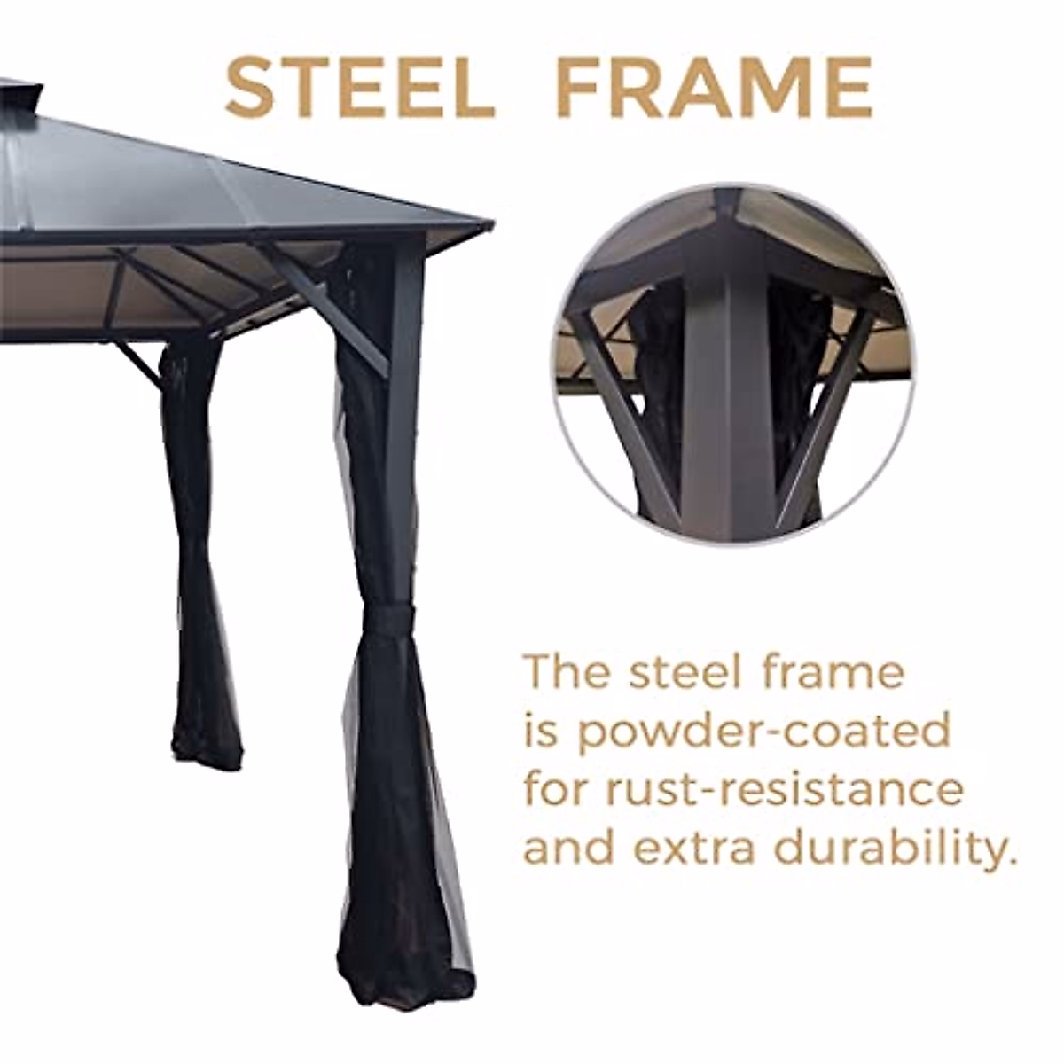 Walnut 10 Ft. X 10 Ft. Metal Outdoor Patio Gazebo with Insulated Double-Roof Hardtop and Netting