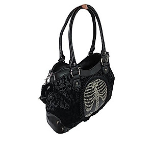 Lost Queen Black Goth Steampunk Flocked Ribcage Skeleton Cameo Handbag Shoulder Bag, Large