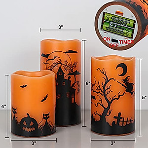 Wondise Halloween Flickering Flameless Candles with 6 Hour Timer, Battery Operated LED Real Wax Candles Set of 3 Halloween Home Decoration Gifts(3 x 4 5 6 Inch)