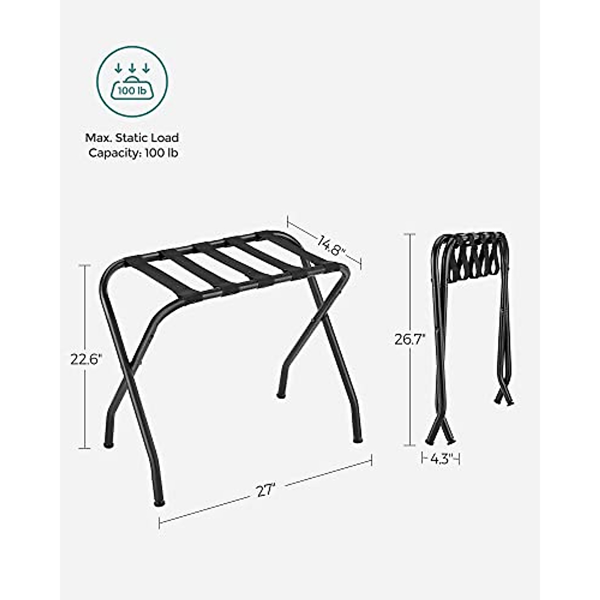 SONGMICS Luggage Rack, Pack of 2, Luggage Racks for Guest Room, Suitcase Stand, Steel Frame, Foldable, for Bedroom, Black URLR64B-2
