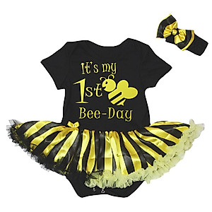 Petitebella It's My 1st Bee Day Bodysuit Black Yellow Striped Tutu Nb-18m (Black, 12-18 Months)