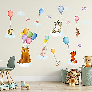 wondever Balloon Flying Animals Wall Stickers Bear Raccoon Fox Cloud Peel and Stick Wall Art Decals for Baby Nursery Kids Bedroom