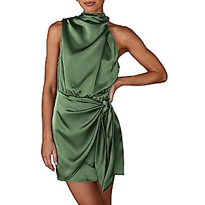 PRETTYGARDEN Women's Short Formal Satin Dress 2023 Summer Sleeveless Mock Neck Tie Waist Cocktail Party Dresses (Army Green,Small)