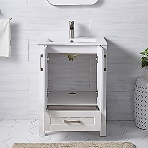 Popity home 24 Inch Small Bathroom Vanity with Sink, Modern White Bathroom Vanity, Wood Standing Bathroom Vanity Set with Ceramic Vessel Sink 2 Doors 1 Drawer