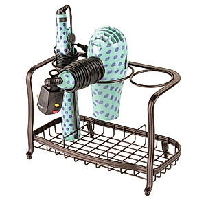 mDesign Metal Hair Care & Styling Tool Organizer Holder - 3 Sections - Bathroom Vanity Countertop Storage for Hair Dryer, Flat Irons, Curling Wands, Hair Straighteners - Bronze