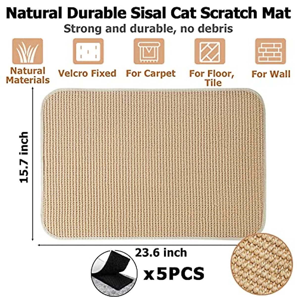 EZMeetU Cat Scratcher Mat, 23.6 X 15.7 Inch Natural Sisal Cat Scratching Pad, Cat Scratch Pad Rug for Indoor Cats with Non-Slip Velcro, Cat Furniture Protector for Floors, Carpets, Walls, Cabinets