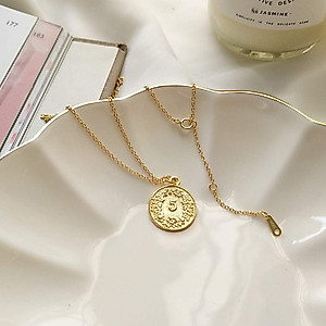 Dtja Carved Gold Coin Pendant Necklace for Women Girls 925 Sterling Silver 18K Gold Plated Simple Round Chain Goddess Worship Celebrity Medal Reversible Keepsake Chic Choker Fashion Jewelry Gifts Box