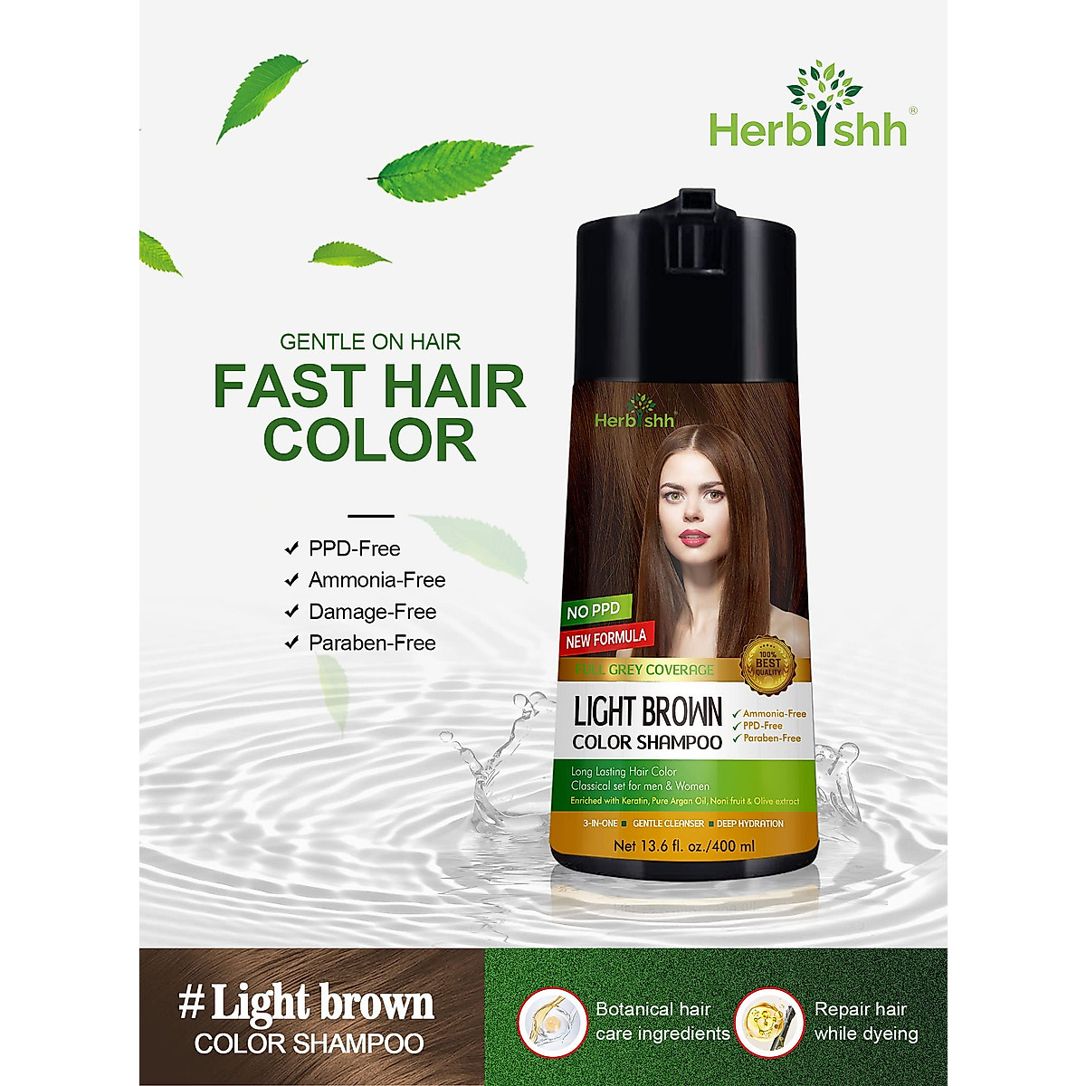 Herbishh Hair Color Shampoo - Enriched Dye Formula for Gray Hair - Long Lasting & DIY (Light Brown)