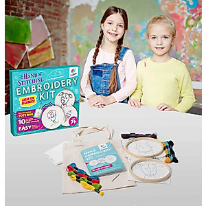 CraftLab Embroidery Sewing Kit for Beginners, Kids Craft Kit Gift for Girls Boys Ages 8-12, 10 Projects, Embroidery Hoops, Fabric, Patterns, Floss, Needles, Needlepoint Cross Stitching Supplies