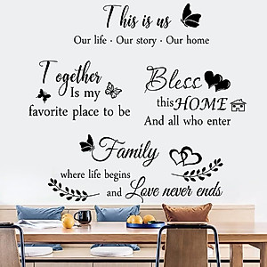 4 Pieces Home Wall Decor Signs, THIS IS US TOGETHER BLESS THIS HOME AMILY Wall Decor For Living Room Bedroom all Decor Vinyl Wall Stickers for Living Room Bedroom Inspirational Art Wall Decorations for Home Office Teen Dorm