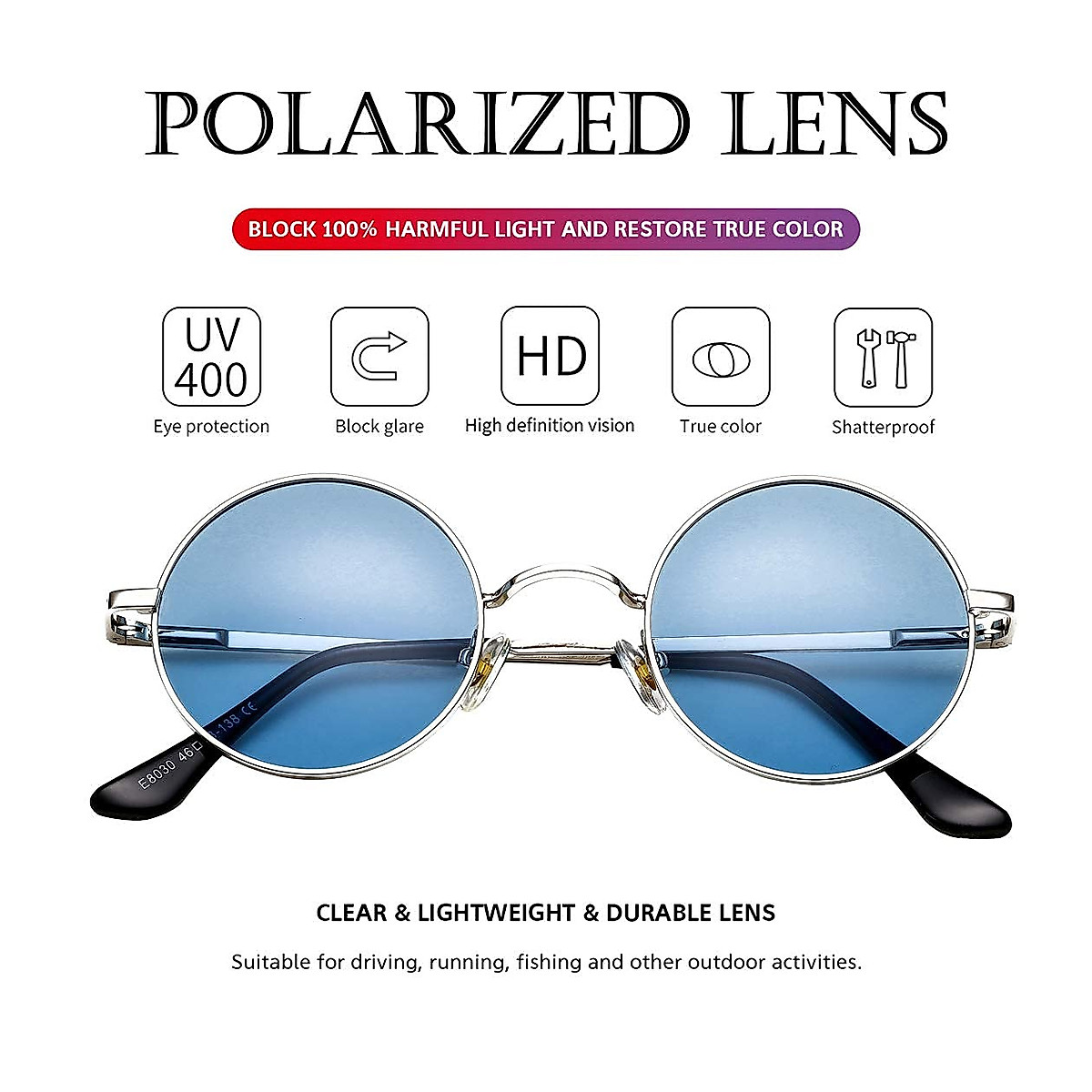 PORADAY Circle Lennon Glasses Retro Round Polarized Sunglasses Hippie Style Small Circle Sun Glasses (Silver/Clear Blue)