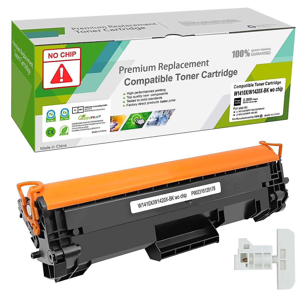 【NO CHIP, with Tool】 Compatible Toner Cartridge 141X W1410X ( W1410A, 141A ) Black High Yield, 2000 Pages for HP Laserjet M110w, M110we; HP Laserjet MFP M139we, M140w, M140we Printer GREENPRINT