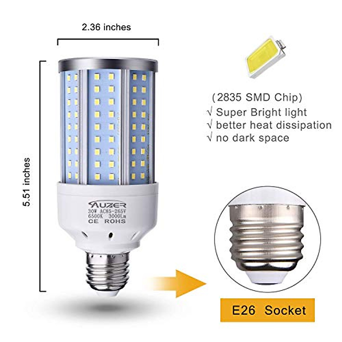 Auzer 30W (200W Equivalent), Daylight, E26 Standard Base, LED Corn Light Bulb | 2-Pack