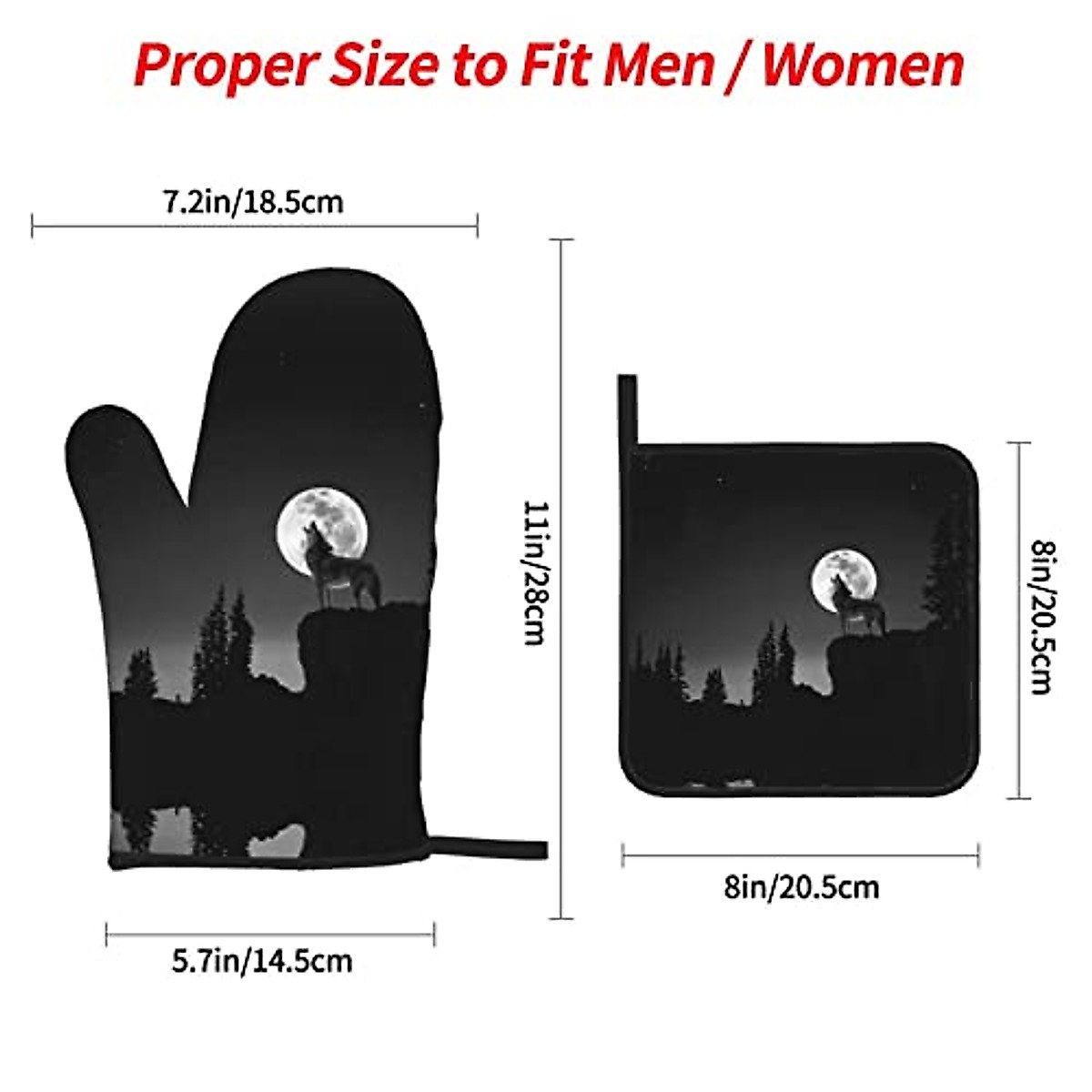 Wolf Night Moon Oven Mitts and Pot Holders Sets,Multi-Function Kitchen Pot Holders with Pocket (4 Pcs)