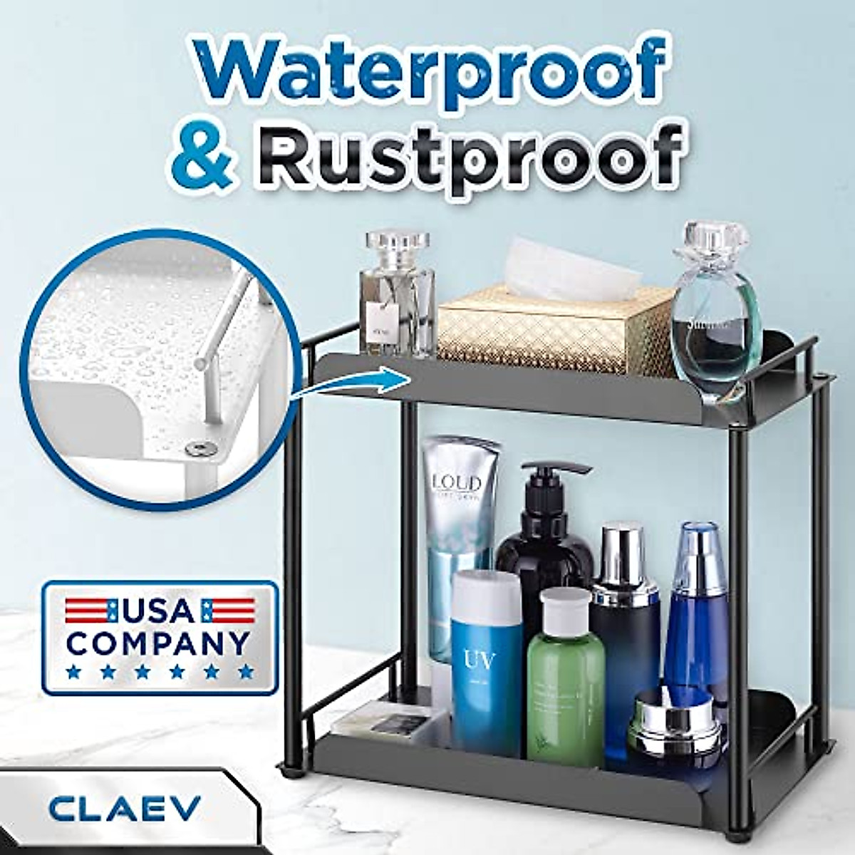 Claev Bathroom Organizer (Black, 13x8x12 Inch) 2 Tier Space Saver Cosmetic Vanity Shelf, Countertop/Counter Sink Storage Tray for Kitchen, Bath, Dresser, Bedroom, Makeup Table