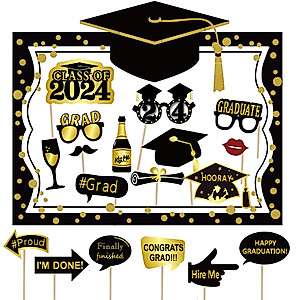 2024 Graduation Selfie Photo Booth Frame Black and Gold with 18Pcs Graduation Photo Booth Props, Upgraded Version with Support Cardboard, 2024 Grad Party Pose Sign