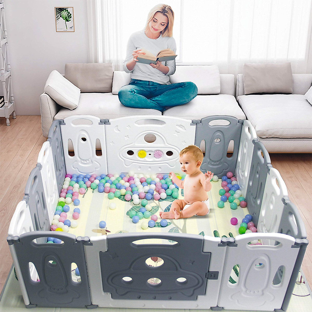 Gupamiga Foldable Baby playpen Baby Folding Play Pen Kids Activity Centre Safety Play Yard Home Indoor Outdoor New Pen 12+2 Panels Toddler Slide Big Game Climbing Slide Toy Set