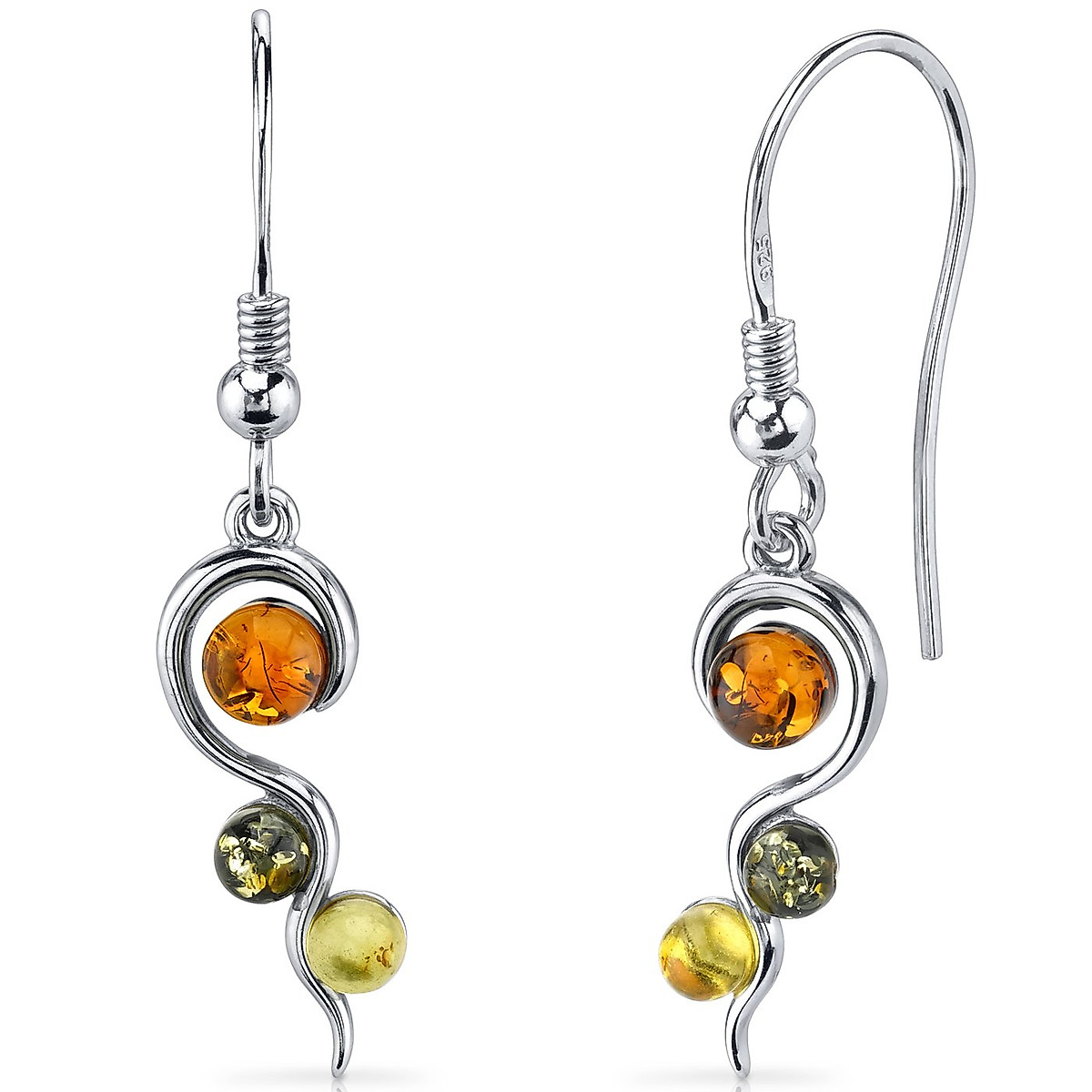 Peora Genuine Baltic Amber Earrings for Women 925 Sterling Silver, Three Stone Drop Design, Rich Multiple Colors, Fishhooks