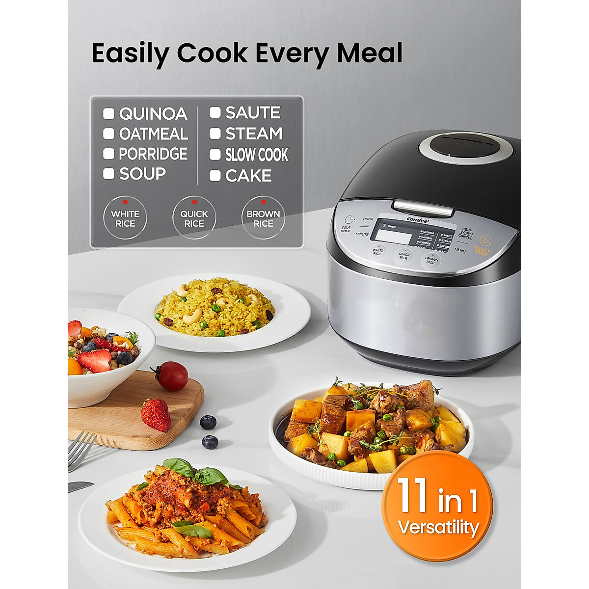 COMFEE' Rice Cooker 12 Cups Cooked/6 Cups Uncooked, Portable Non-Stick Rice Maker, Japanese Rice Cooker with Fuzzy Logic Technology, 24-Hour Timer Delay, 11 Presets, Steamer, Fast Rice Cooker, Grain Cooker, Black