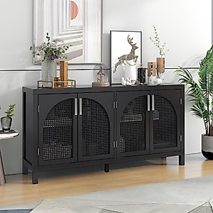 Bellemave Accent Storage Cabinet Buffet Cabinet Freestanding Storage Sideboard with Artificial Rattan Doors & Metal Handles, Entryway Cabinet for Living Room Office Bedroom, Kitchen (Black)