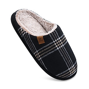 COFACE Mens Black Flano Plaid Cozy Memory Foam scuff Slippers Slip On Warm House Shoes Indoor/Outdoor With Best Arch Support Size 8.5