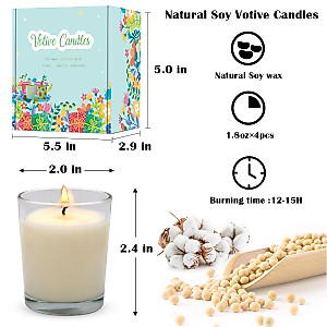 Set of 4 White Votive Candles, Clear Glass Filled Unscented Soy Wax Candle for Home Décor Weddings Spa Holidays Party and DIY