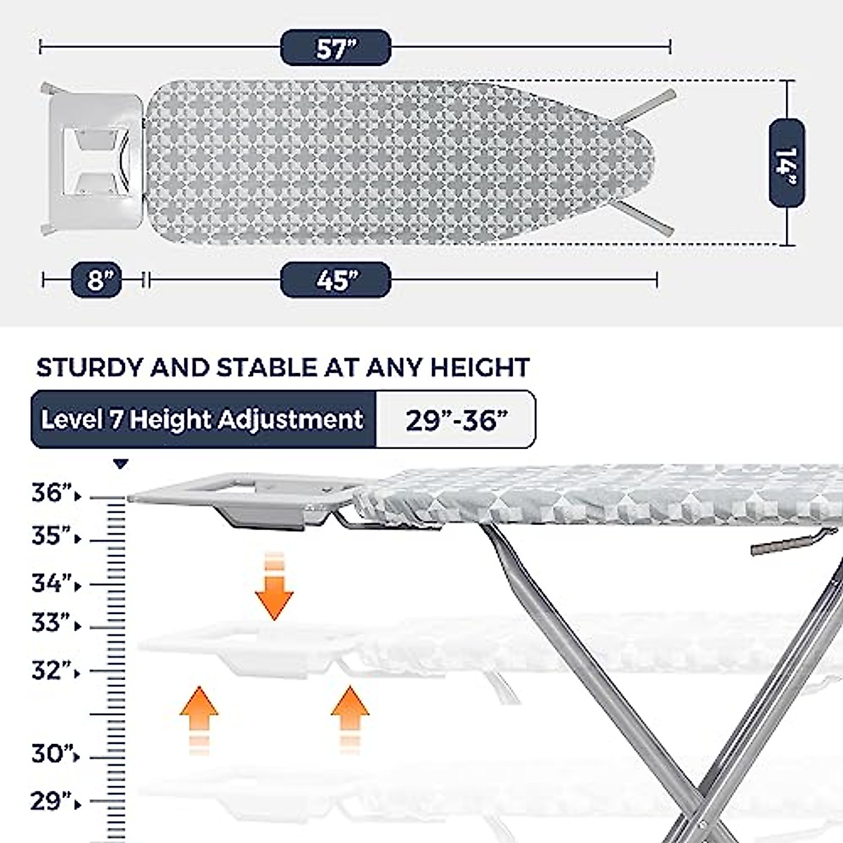 STO STO Ironing Board 45" x 14" with Iron Holder, Adjustable Height 29" to 36", Full Size Foldable Iron Board with Silver Coated Cotton Removable Cover, Sturdy Steel Frame and Legs, Grayish Blue Plaid