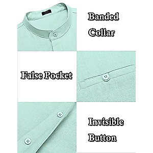 COOFANDY Long Sleeve Band Collar Linen Button Up Shirts for Men Casual Button Down Shirts Light Green