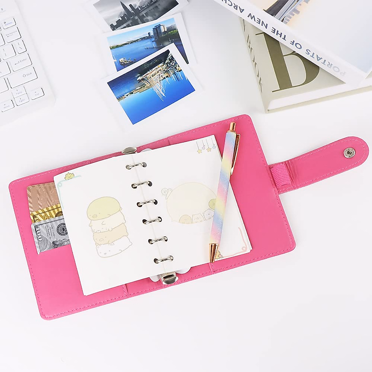 A7 Planner Binder, Rose Red PU Leather Binders with 6pcs Binder Dividers and 12pcs Zipper Binder Pouch Set, 6 Rings Snap Button Closure Loose Leaf Budget, Envelopes System, File Folders (Rose Red)