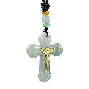 Jade Cross Jesus Necklace Pendant Inlaid with 22K Gold Good Luck Charm Jade Jewelry (Green Cross)
