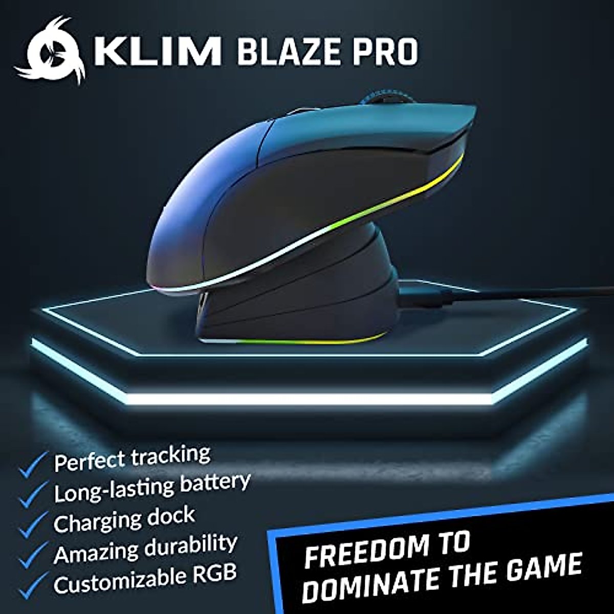 KLIM Blaze Pro Rechargeable Wireless Gaming Mouse with Charging Dock RGB - New Version 2024 - High-Precision Sensor and Long-Lasting Battery - Up to 6000 DPI - Great PC Gaming Mouse Wireless