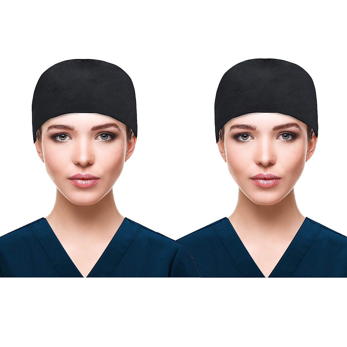 QBA Adjustable Working Cap with Button, Cotton Working Hat Sweatband, Elastic Bandage Tie Back Hats for Women & Men, One Size (2 Pack: Black 2 PCS)