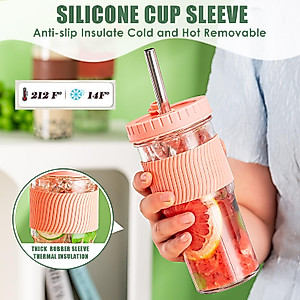 Claplante 6 Pack Glass Tumbler Set, 24oz Bubble Tea Cups with Lid, Silicone Sleeve & Wide Straws, Reusable Leakproof Mason Jar Drinking Glasses for Smoothie, Iced Coffee