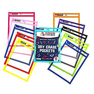 Dry Erase Pockets 12pc [10” x 13”] +Free PENS +Bonus 900 Downloadable Worksheets! Write and Wipe Reusable Plastic Sheet Protectors for Classroom Organization & Teaching Supplies by Teachers Toolbox