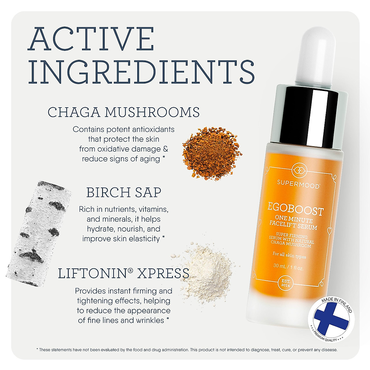 Supermood Egoboost Instant Face Lift Serum - Youthful Skin Face Serum, Made with Real Mushrooms Chaga Extract for Skin, Temporary Tightening Face Serum for Anti Aging Serum