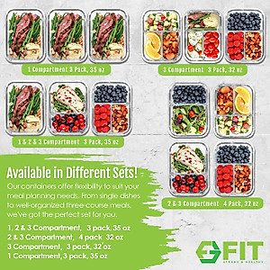 1 & 2 & 3 Compartment Glass Meal Prep Containers (3 Pack, 35 oz) - Glass Food Storage Containers with Lids, Glass Lunch Box, Glass Bento Box Lunch Containers, Portion Control, Airtight